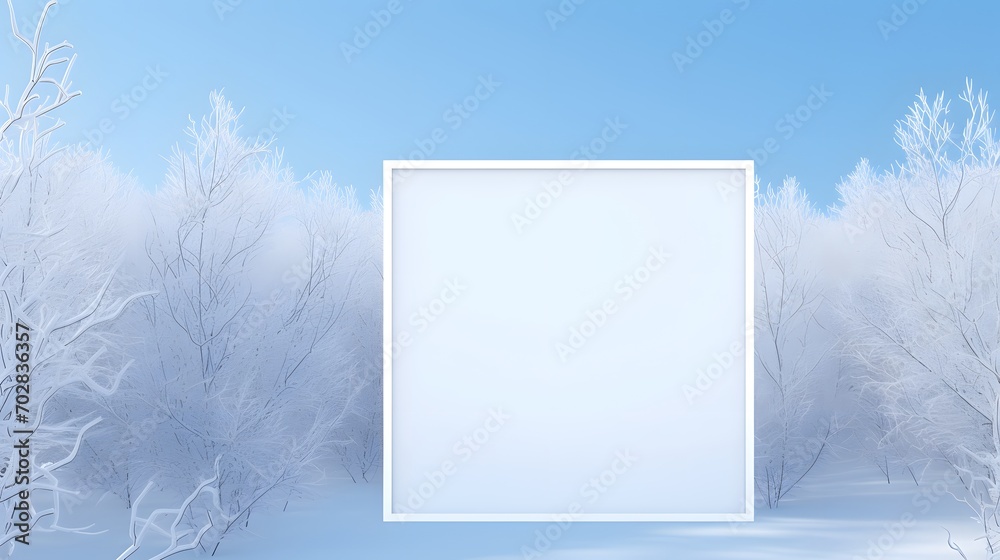 Mockup white line rectangle frame on abstract blue winter season ...