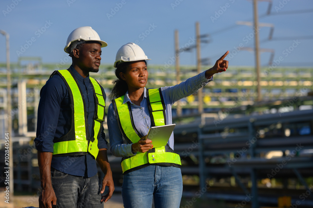 Male and female engineers check the drawing system inspection with the ...