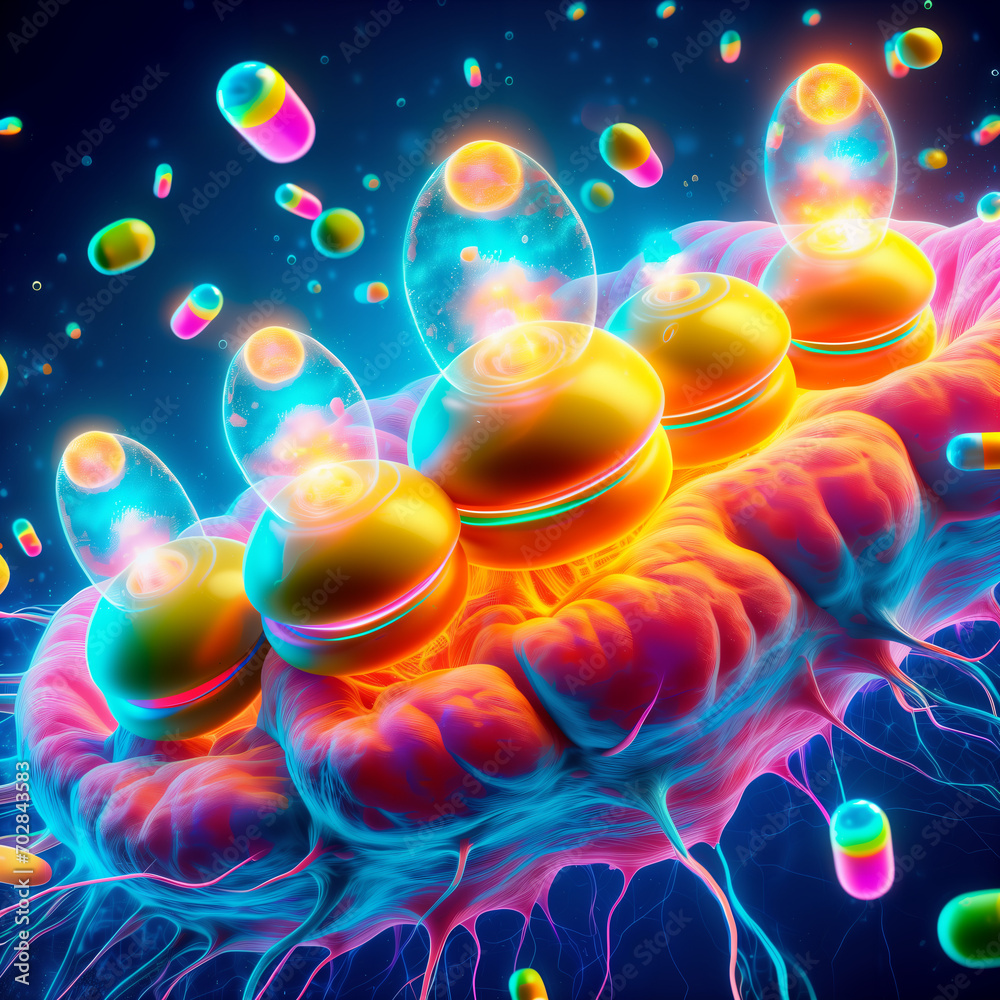 Synaptic vesicles in a neuron, releasing neurotransmitters. It is a ...