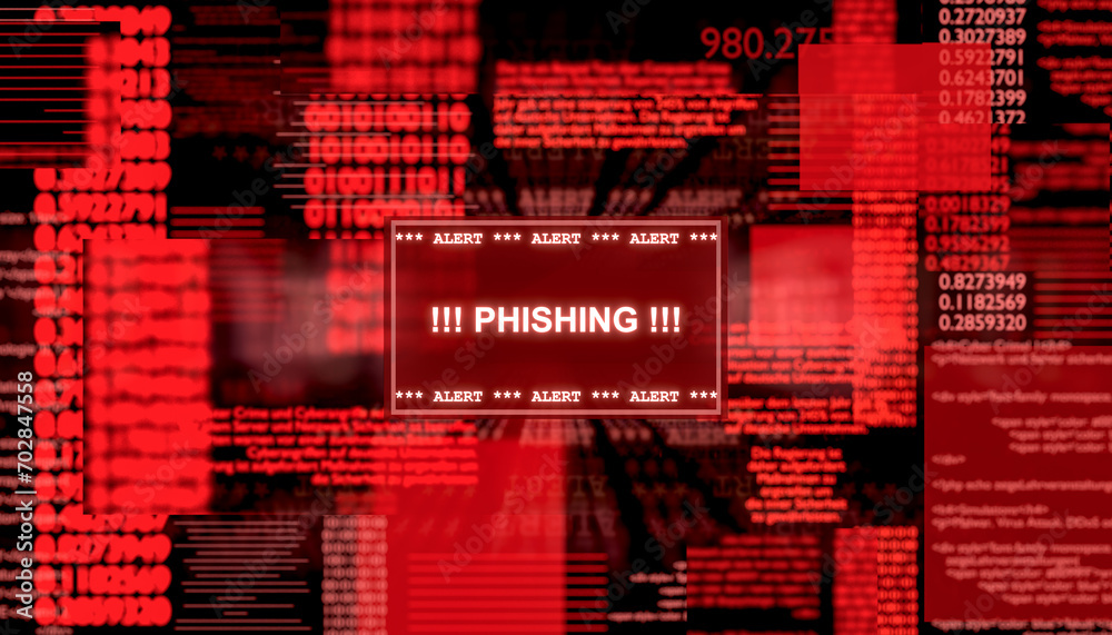 Phishing alert, warning sign on screen. System message, cyber crime ...