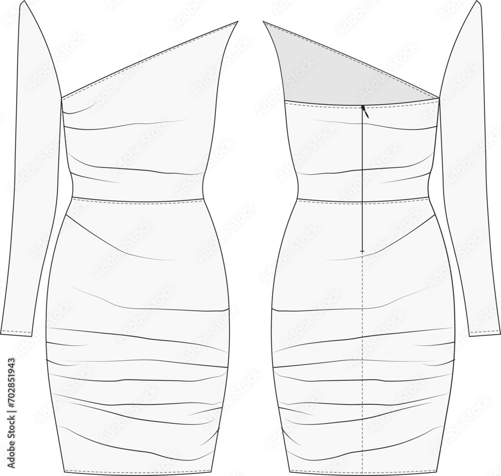 asymmetric neckline one long sleeve bodycon short knee length gathered ...