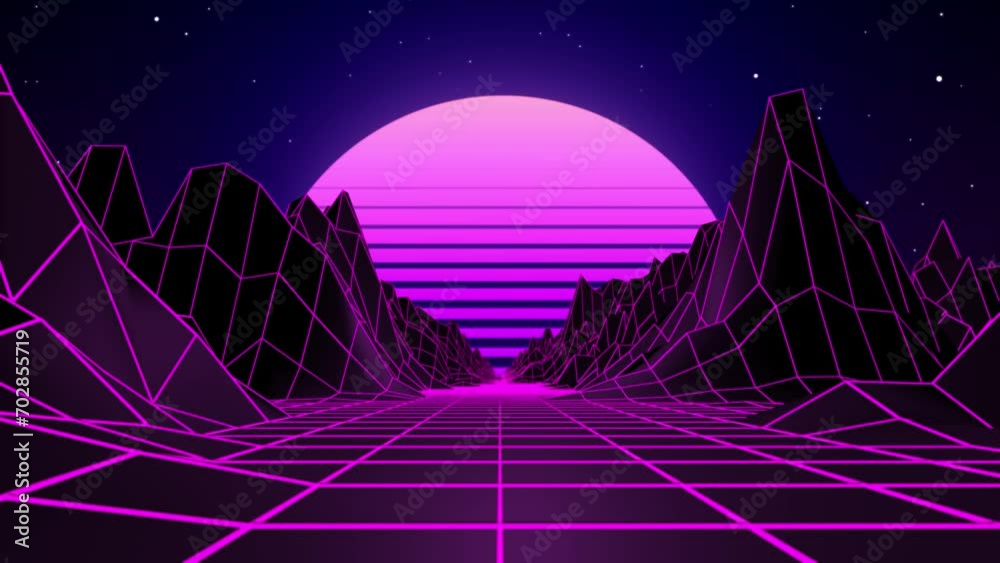Seamless loop animation with moving through a pink retro landscape with ...