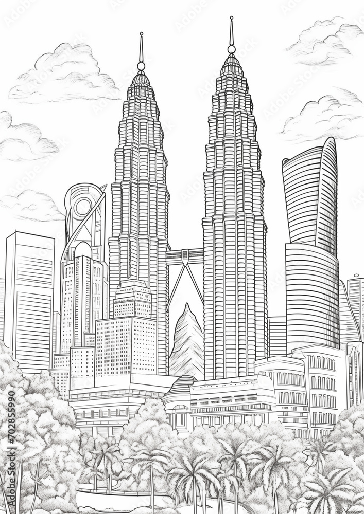 Coloring Pages of Petronas Twin Tower, Kuala lumpur Malaysia Stock ...