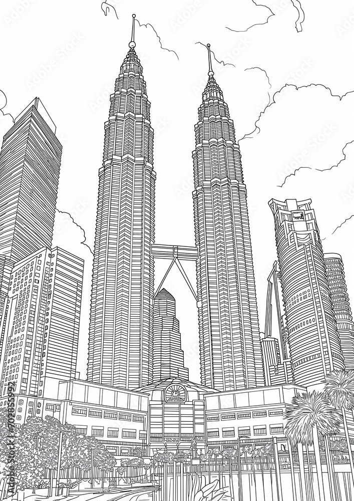 Coloring Pages of Petronas Twin Tower, Kuala lumpur Malaysia Stock ...