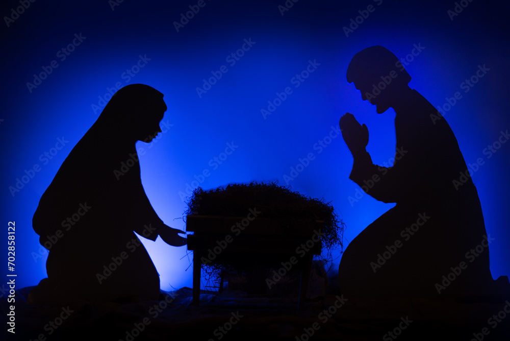 Wooden manger and star of Bethlehem, Joseph, Mary silhouette, nativity ...
