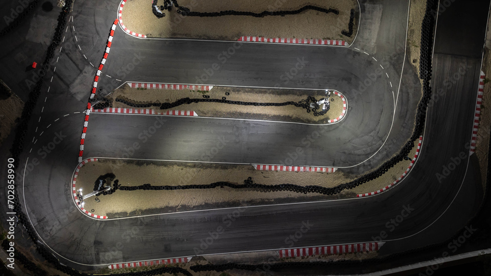 Aerial top view race kart track at night, Track for auto racing top ...