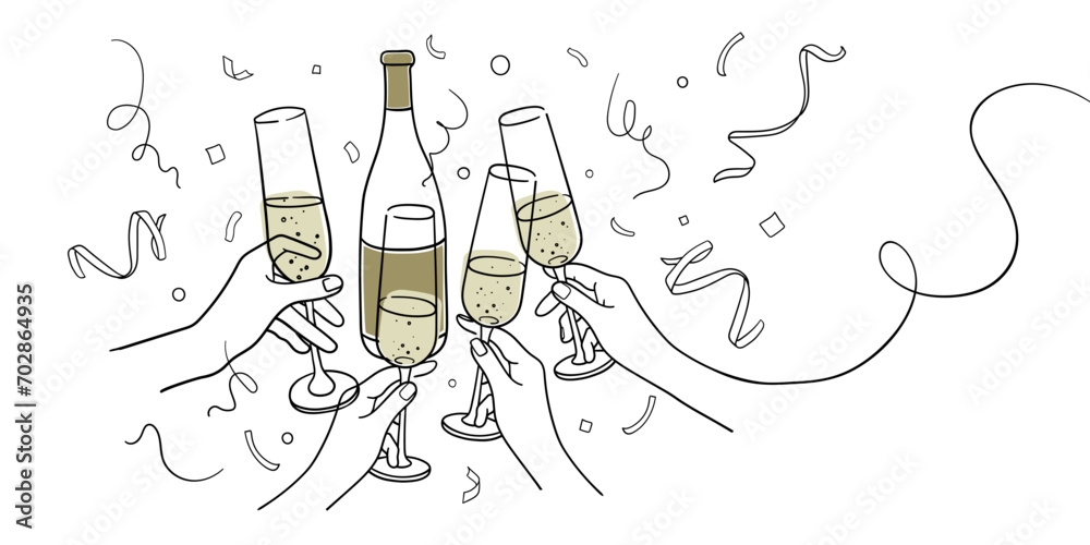 Continuous line yellow champagne cheers one line art, continuous ...