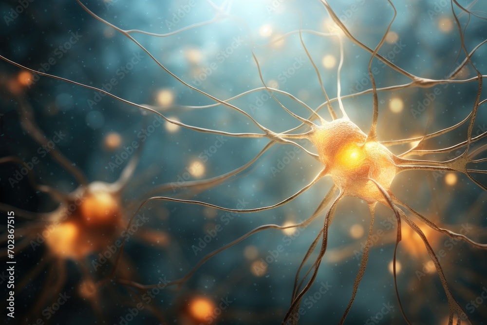 Neuron cells, 3D illustration of neurons and nervous system, computer ...