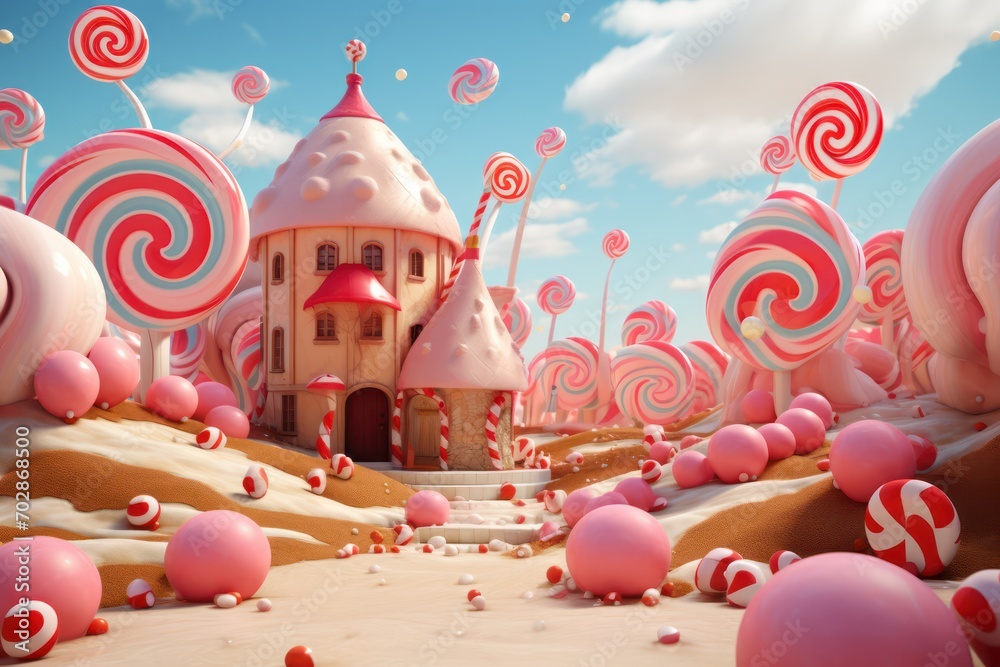 gumdrop candy castle cartoon style illustration in pink light blue ...