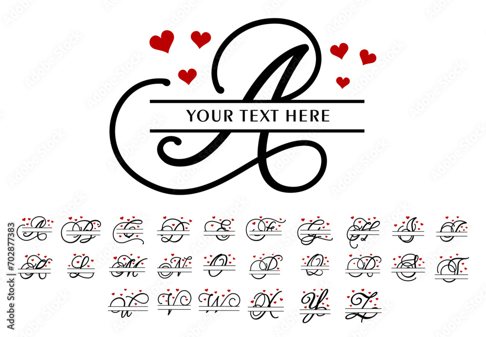 Valentine Split Monogram Letter Set A-Z, Heart Split Letters, Split ...