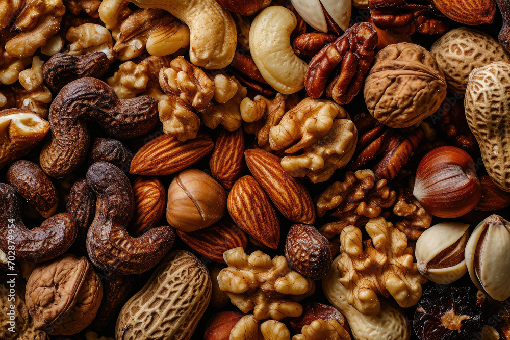 Mix of different kinds of natural nuts background, including of pecan ...