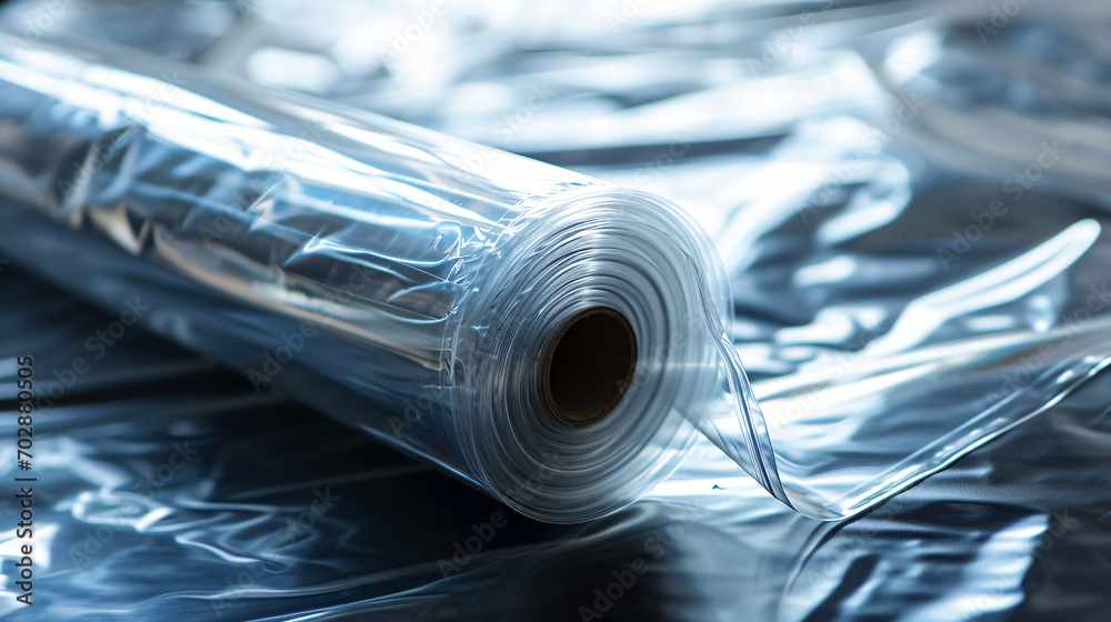 Transparent wrinkled plastic roll wrap on dark background. Crumpled ...