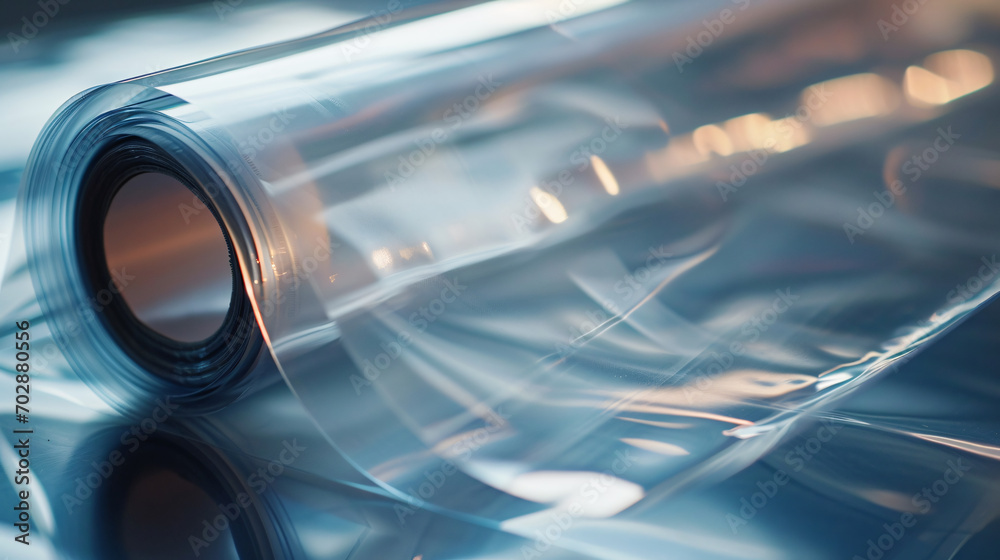 Transparent wrinkled plastic roll wrap on dark background. Crumpled ...