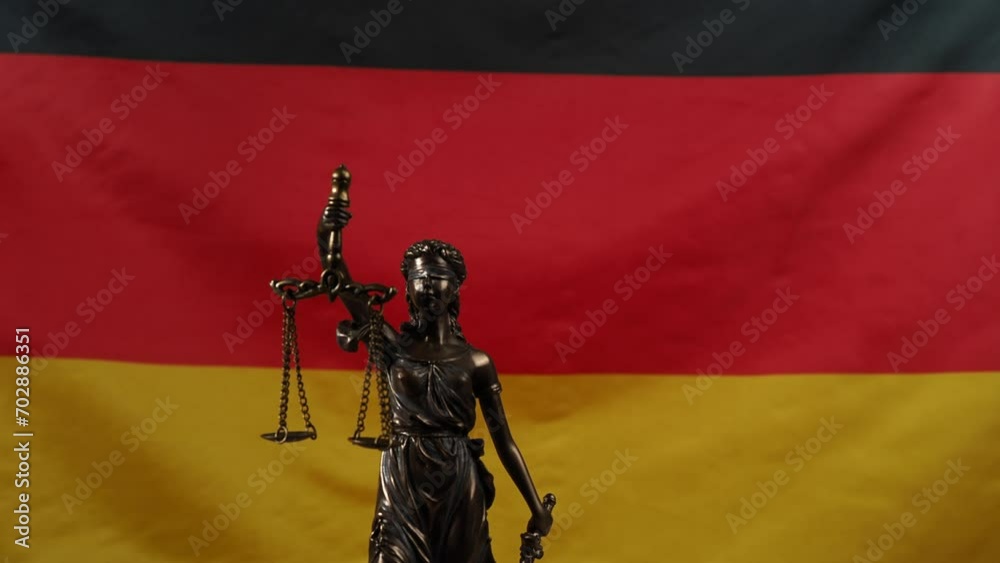 A bronze statue of Lady Justice rotates against the background of the ...