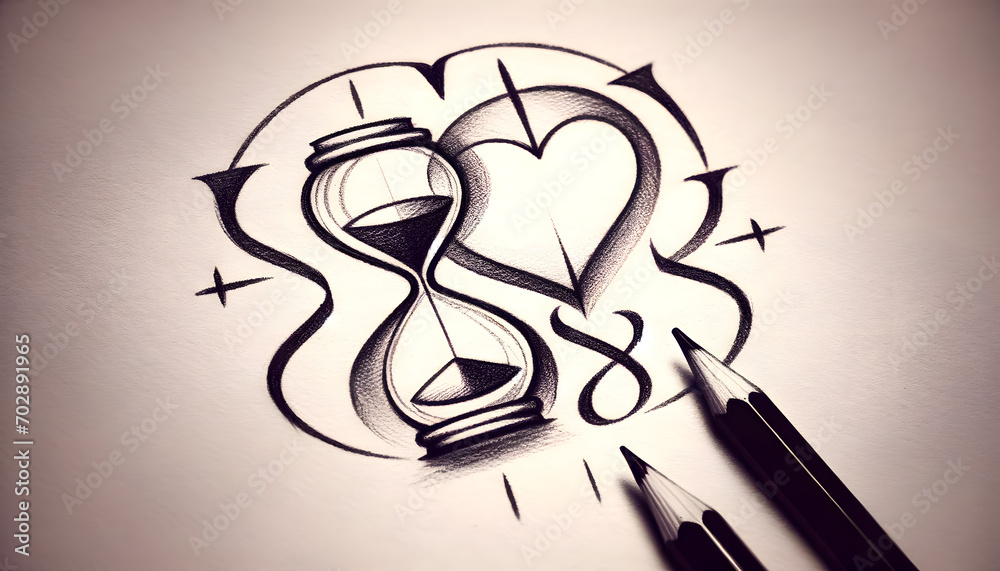 pencil sketch illustrating the concept of 'Love and Time'. The artwork ...