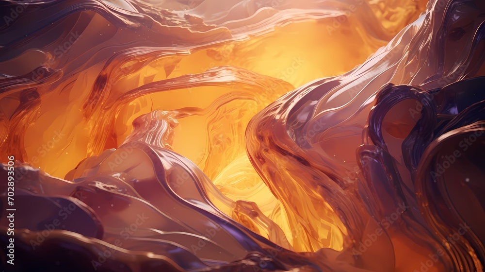Cascading waves of amethyst and amber liquid colliding and splashing ...