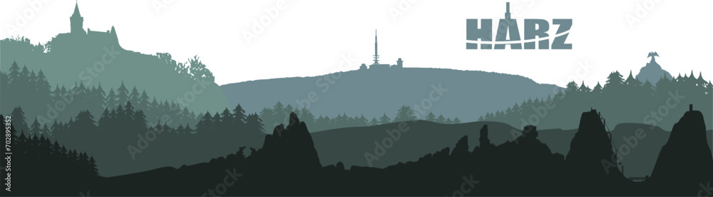 Mythen, Felsen, Berge und Wälder - Landschaft im Harz -Vektor ...