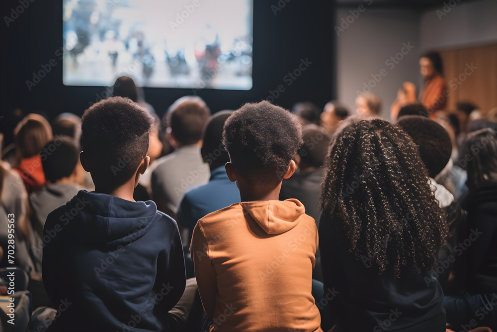Focus on back view small afro american kids attentively listening to ...