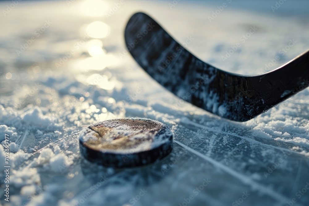 Macro shot of a hockey stick and puck on ice, highlighting the stick's ...