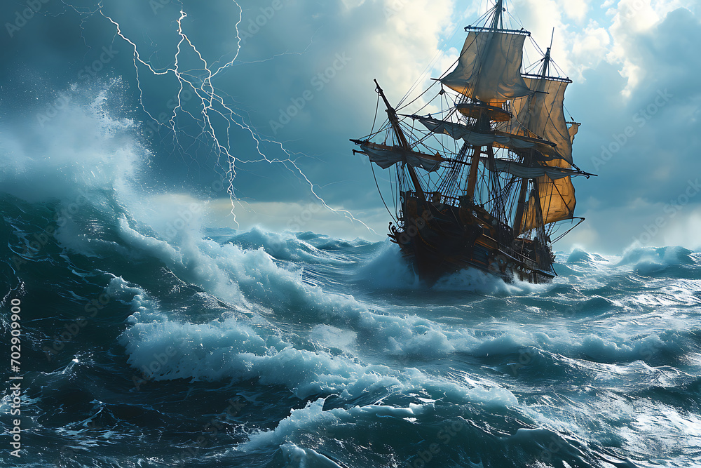 The Pirate Ship's Battle with the Storm, ship in the ocean, A daring ...