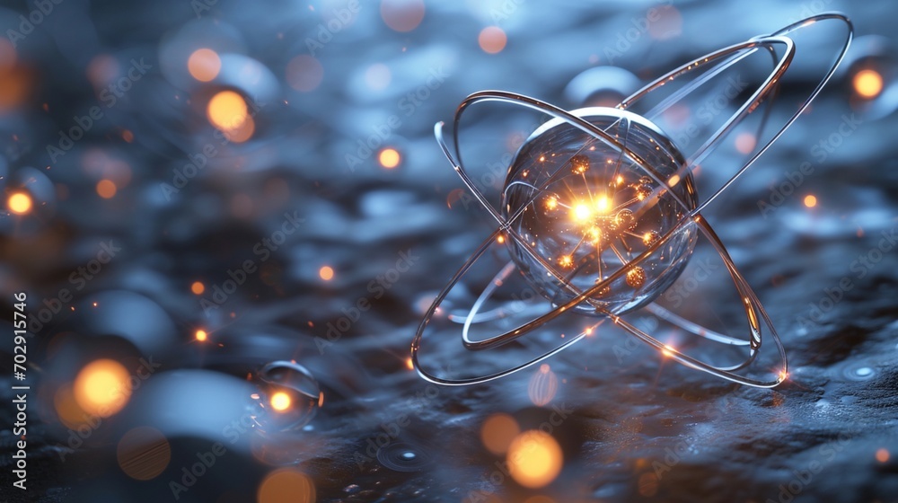 A detailed model of an atom, with orbiting electrons, glowing against a ...
