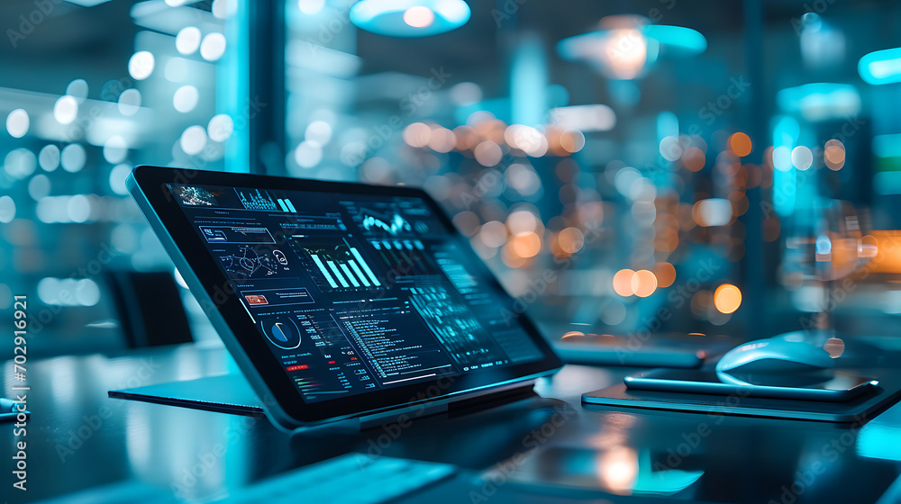 Cyber-Tech Workspace with Translucent Data Charts, High-Tech Tablet ...