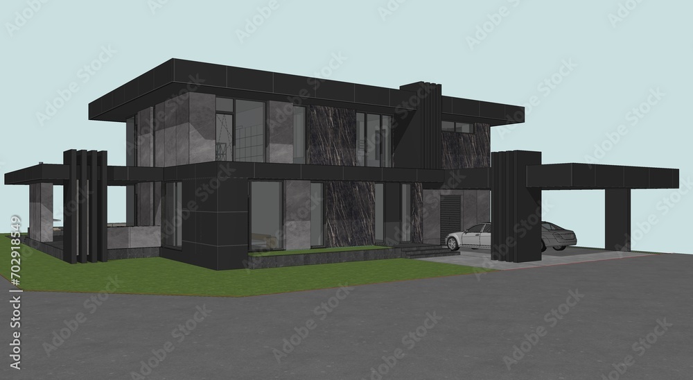 3D model of a modern house. 3D visualization of a house on a white ...