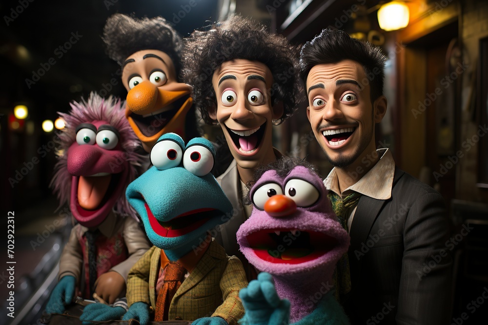 Energetic puppet troupe posing joyfully in a dynamic, theatrical urban ...