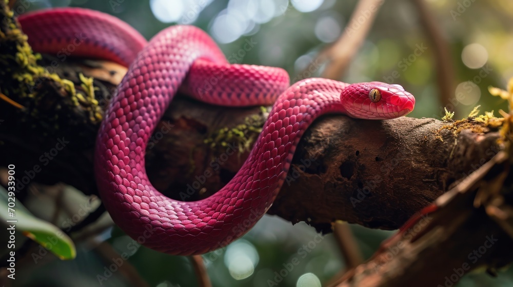 a close up of a snake on a tree branch in a forest with sunlight coming ...