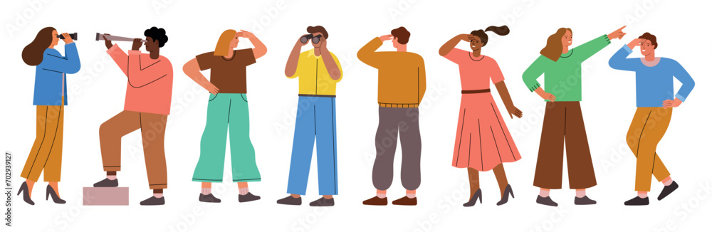 Cartoon people look through binoculars and spyglasses. Glance future ...