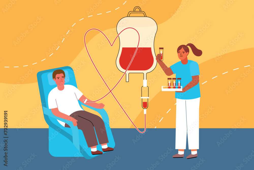 Donor donates blood. Man in medical chair, nurse with test tubes ...