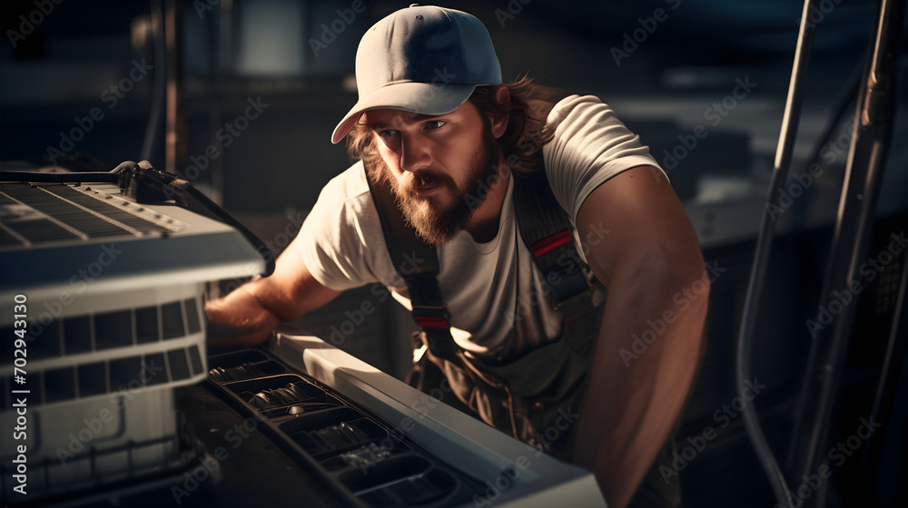 Technician man doing repair or maintenance work service on electric air ...