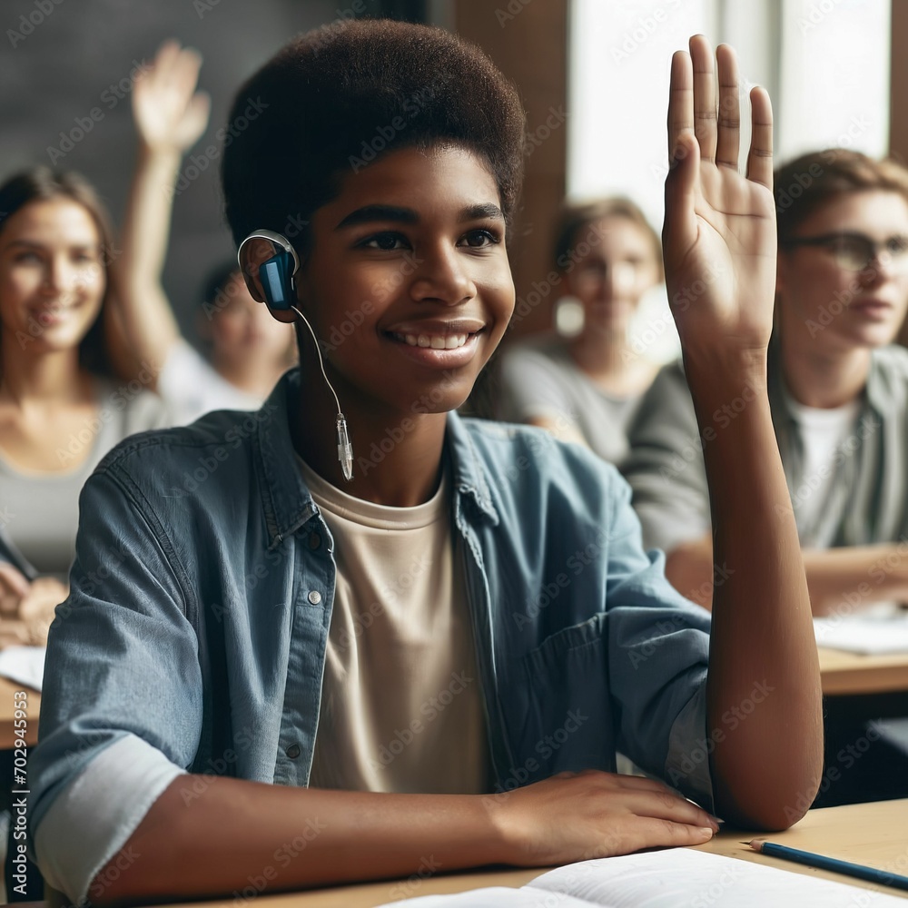 Hearing impaired student with hearing aid. Wearing hearing device in ...