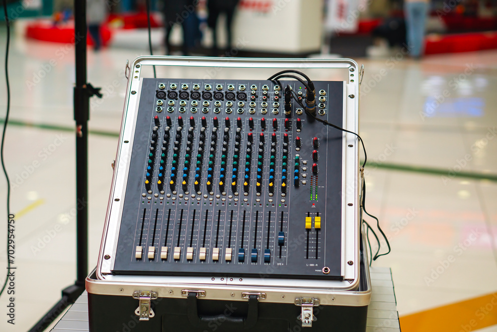 Sound equipment. Portable DJ console. Table with sound equipment ...