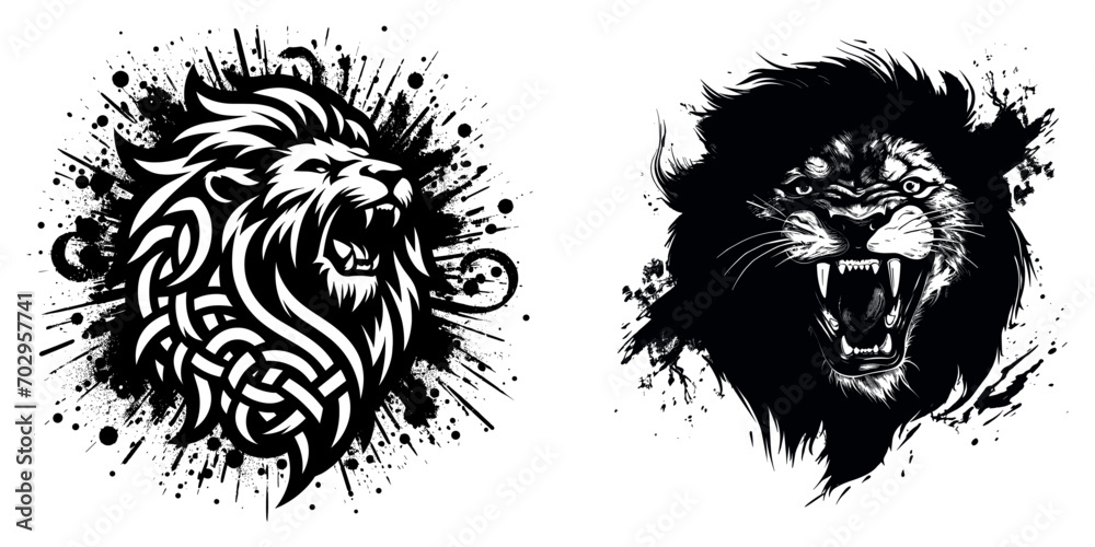 Angry roaring lion set, emblem, jungle king tribal tattoo, vector ...