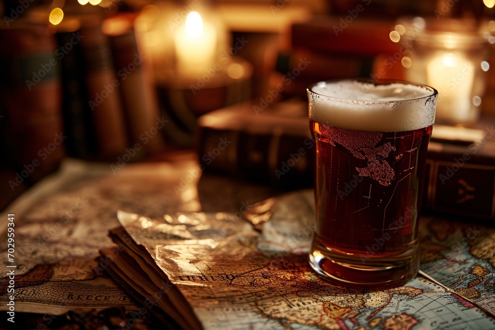 Fantasy beer on the table with old books and scrolls. Magic potion for ...