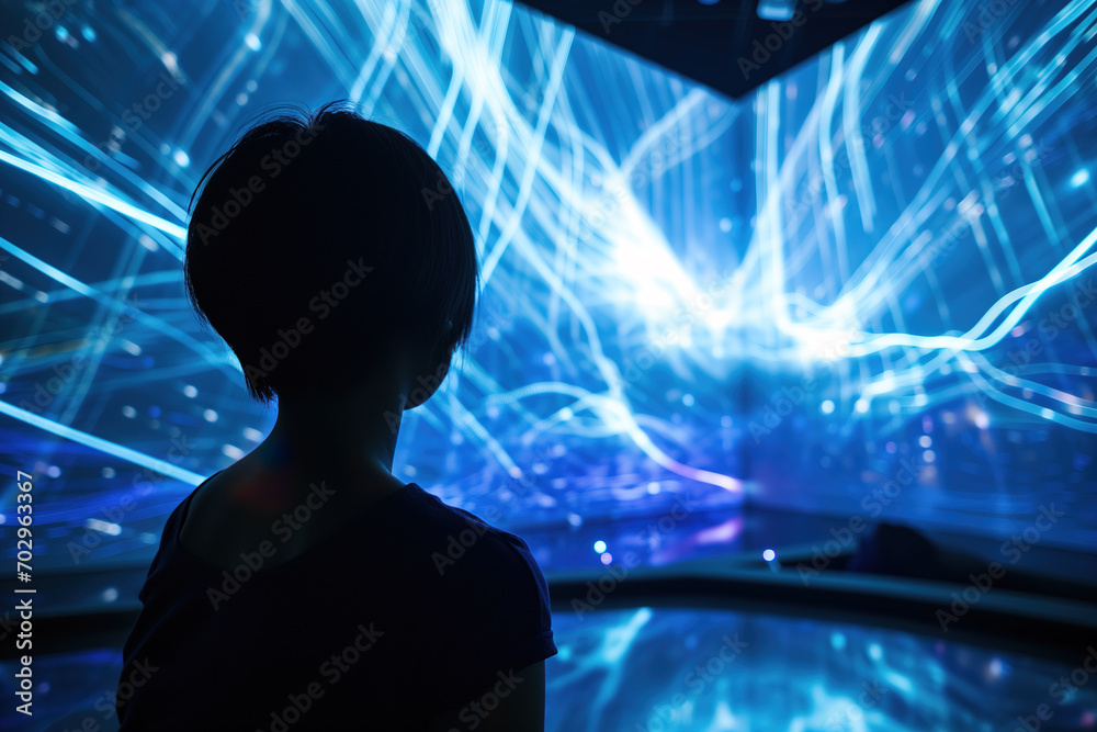 An awe-inspiring image of a person watching a 3D projection mapping ...