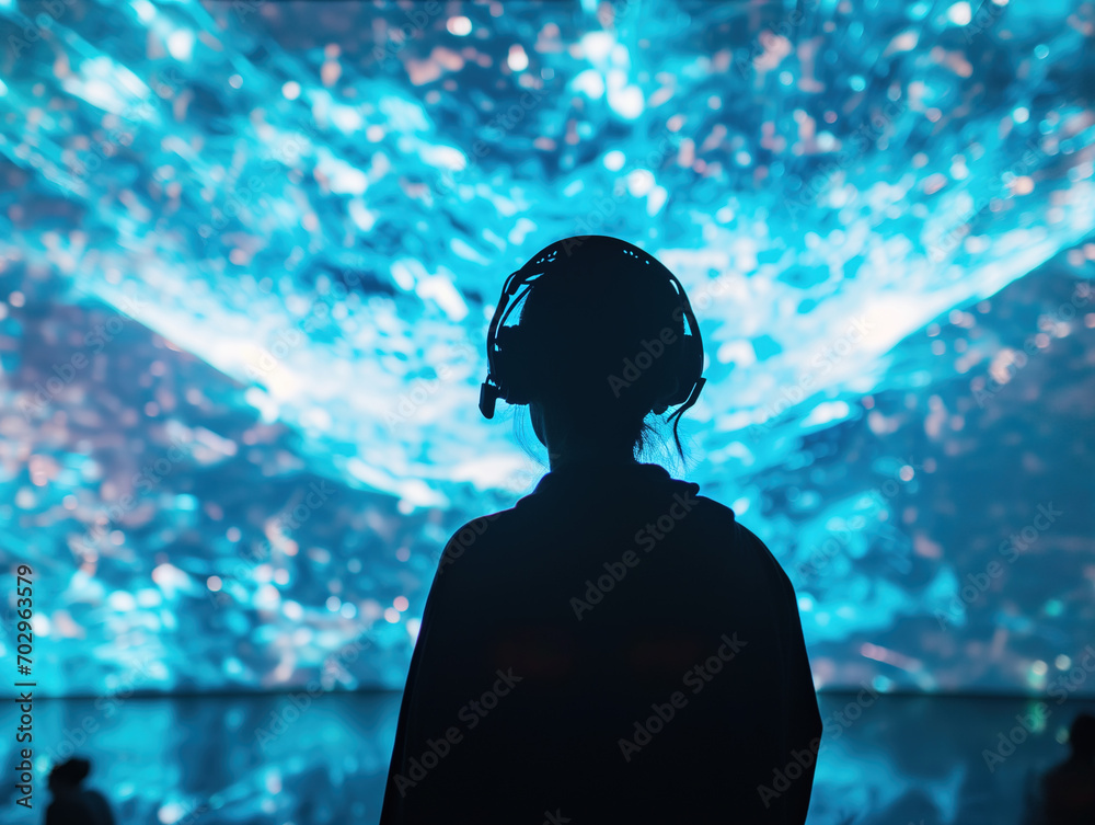An awe-inspiring image of a person watching a 3D projection mapping ...