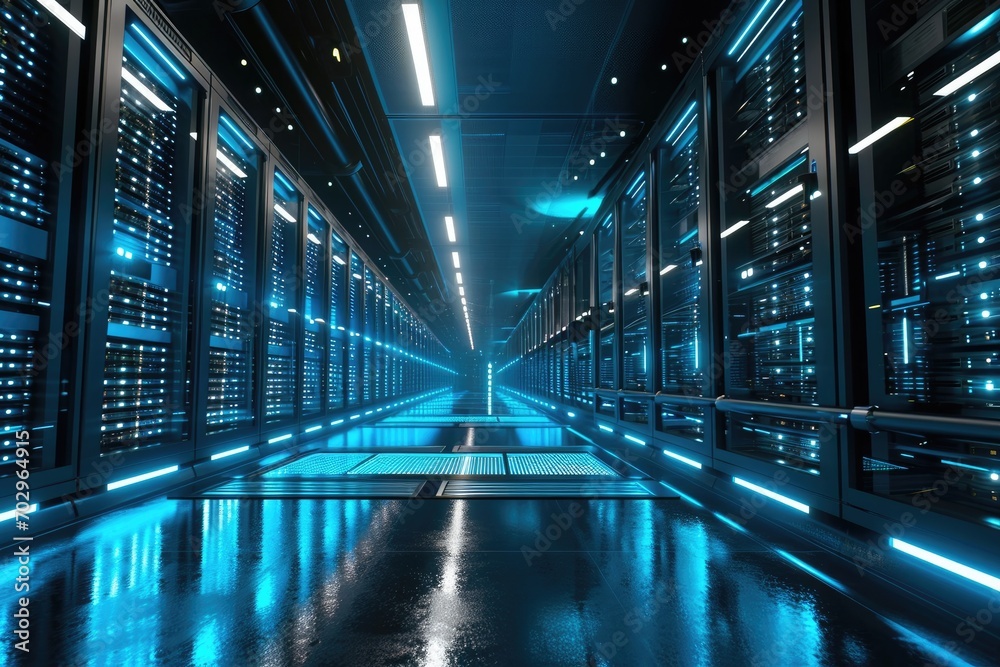 The night light reflects off the water inside the grand building ...