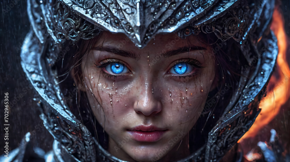 A figure with concealed face, adorned in ornate armor, stands against a ...