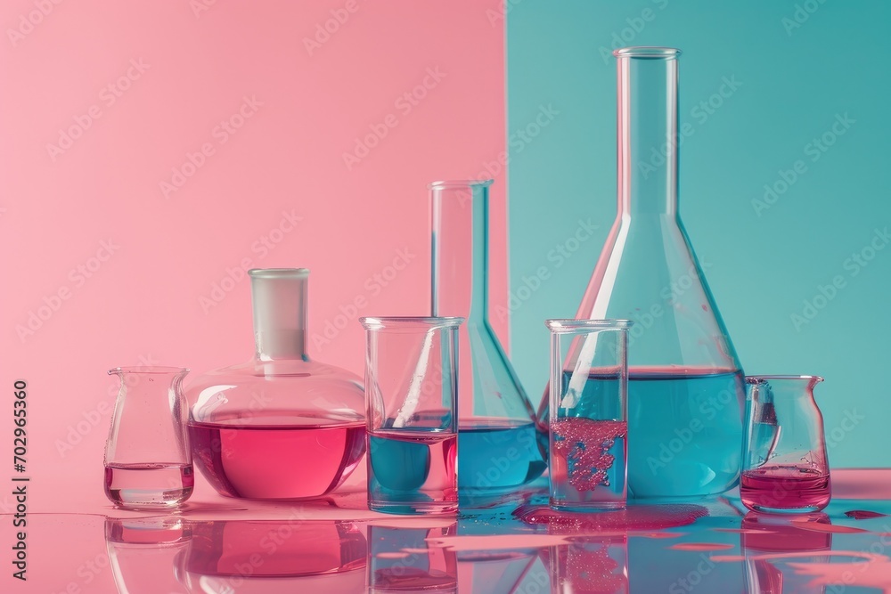 A collection of crystal-clear glass beakers, each filled with a ...