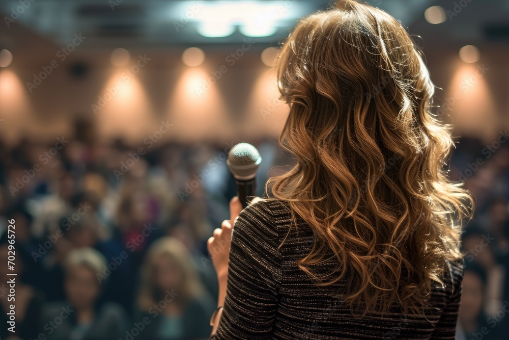 A confident woman with long hair stands on stage, her clothing adding ...