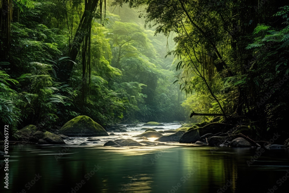Beautiful nature of green forest with river flowing through the jungle ...