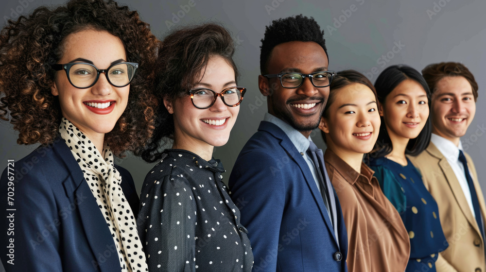 Line-up of cheerful individuals from diverse ethnic backgrounds, with ...