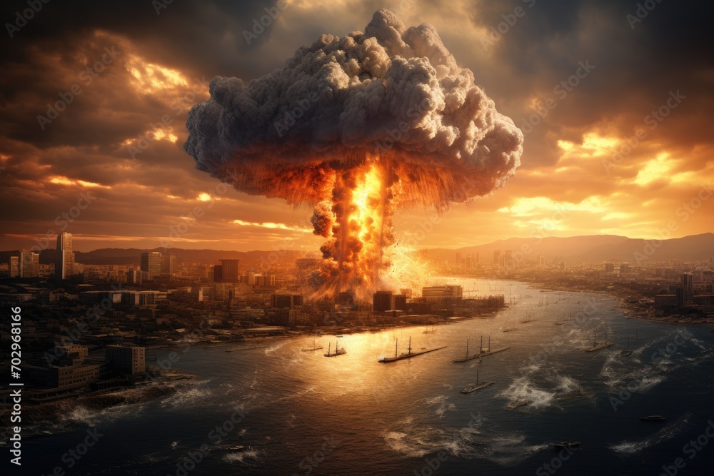 Atomic explosion over the city at sunset, 3d render, Nuclear explosion ...