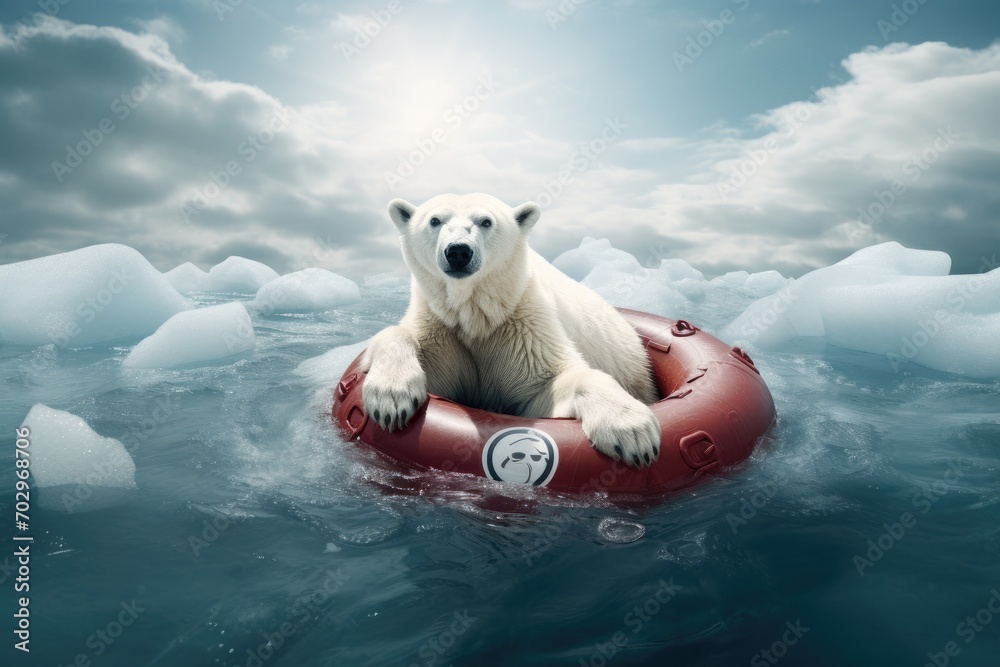 Polar bear swimming underwater with lifebuoy and float ring, Polar bear ...