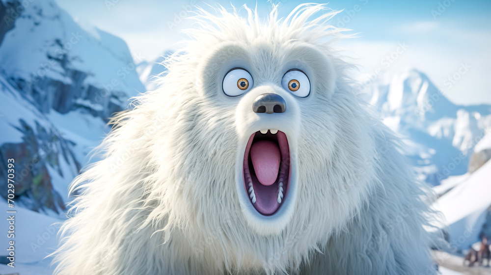 An animated yeti with a shocked expression in a snowy mountain ...