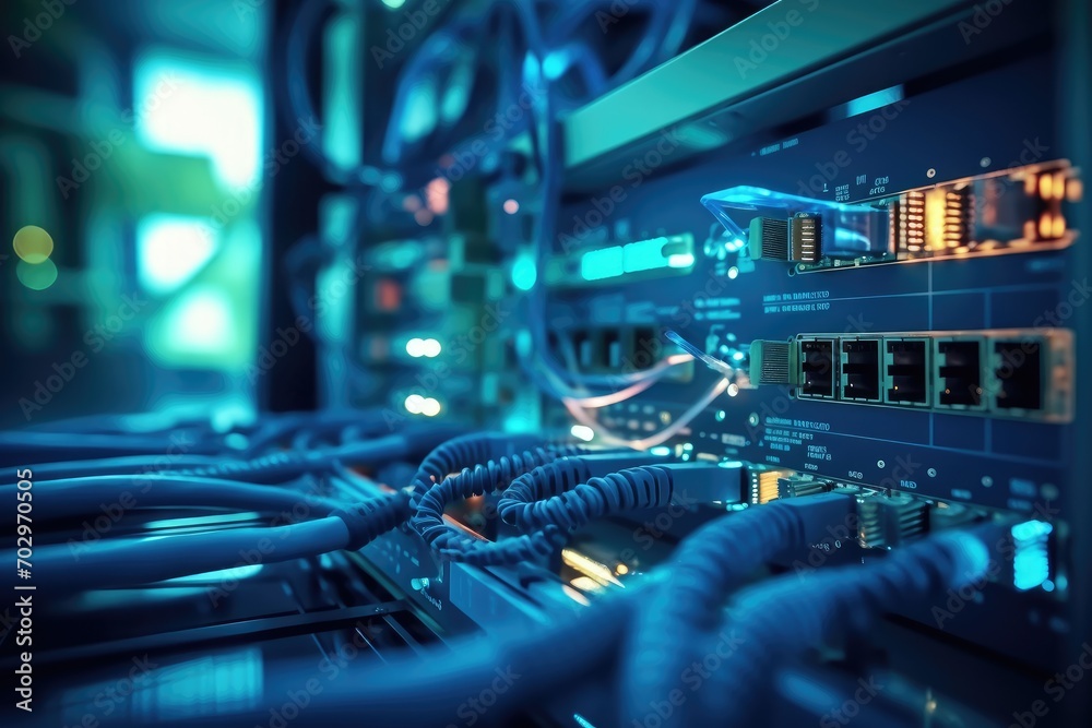 Fiber Optic Cables Connected To An Optic Ports In Data Center Network Cables Connected To