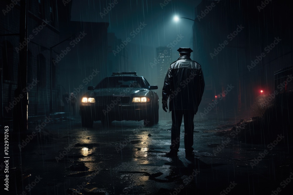 Security guard standing in front of car at night with foggy background ...