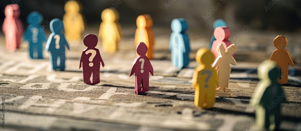 Conceptual image depicting paper people chain with question marks on ...